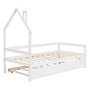 Harper & Bright Designs Twin House Bed for Kids with House-Shaped Headboard, Wood Twin Size Platform Bed with Trundle,Cute Twin Daybed Frame for Boys Girls, White