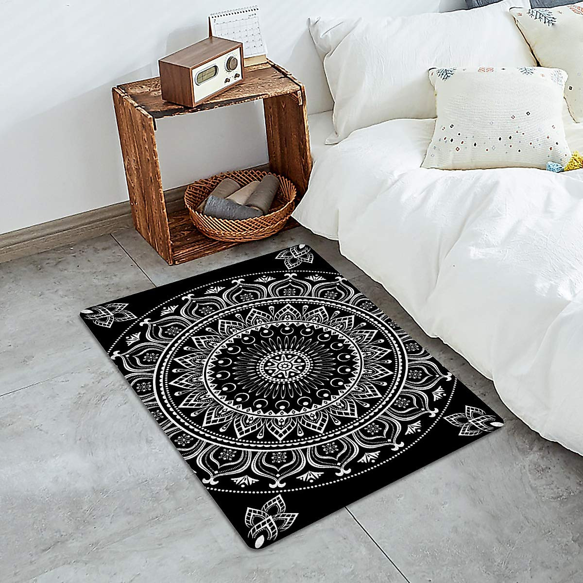 Mandala Antifatigue Kitchen Bath Door Mat Cushioned Runner Rug, Washable Welcome Floor Sink Mat, Abstract Floral Pattern Black Waterproof & Non-Slip Comfort Standing Doormat for Kitchen, 24"x36"