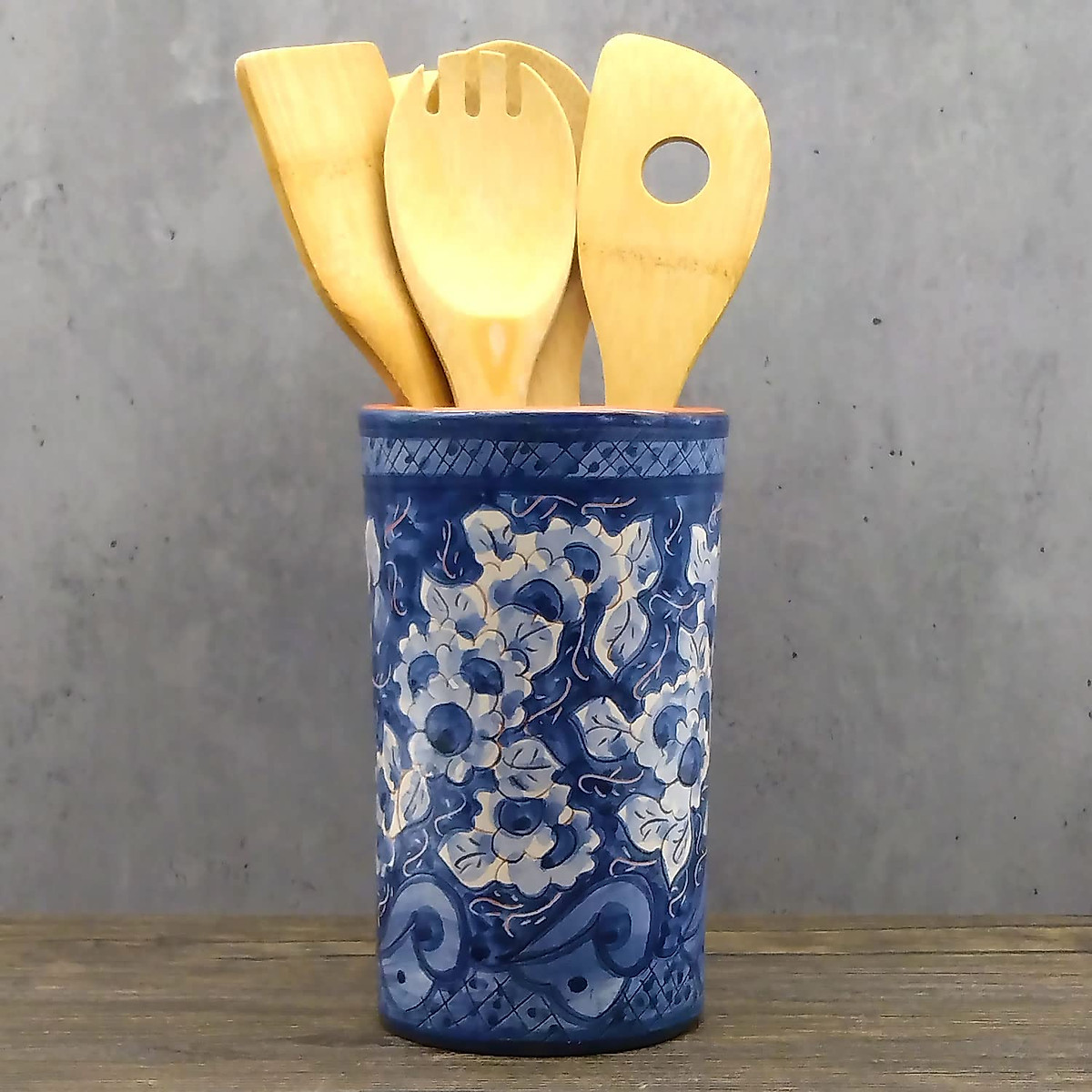 Hand Painted Portuguese Pottery Blue and White Kitchen Utensil Holder Blue White 255-355-455-BW Blue and White Ceramic Utensil Holder