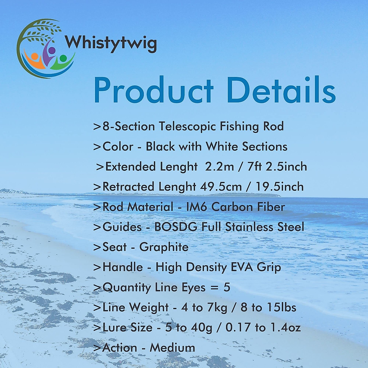 Whistytwig Compact Telescopic Fishing Rod - Versatile Retractable Pole for Fresh & Saltwater, Portable Fishing Rod, Ideal for Travel (Black/White - Lure Fishing, 7'2.5")