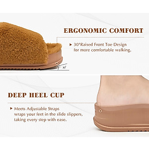 KuaiLu Womens Fuzzy Platform Open Toe Slippers with Arch Support Fluffy Furry Slides Orthotic Faux Fur Sandals house Indoor Outdoor Camel Size 9