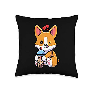 Adorable Corgi Doggy Furry Mammals Pedigree Canine Kawaii Boba Dog Corgi Drink Cute Anime Bubble Tea Heart Throw Pillow, 16x16, Multicolor