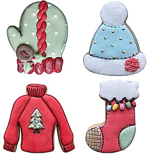 LILIAO Winter Holiday Christmas Cookie Cutter Set - 4 Piece - Ugly Sweater, Stocking, Hat and Mitten Fondant Biscuit Cutters - Stainless Steel