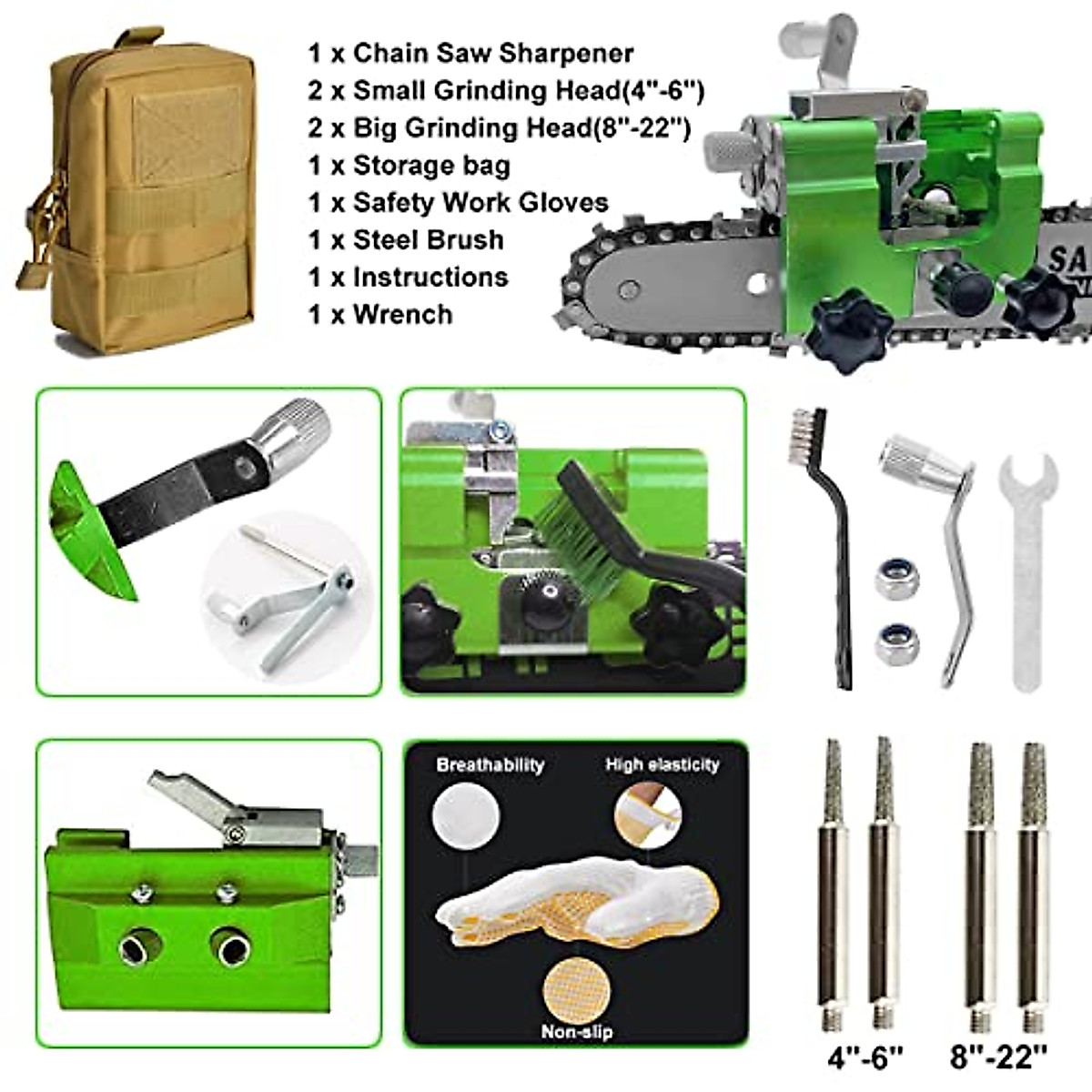 Chainsaw Sharpening Kit, Fast Hand Crank Chainsaw Sharpener, Portable Chain Saw Sharpener Tool with Carrying Bag, Cleaning Brush & Gloves, Easy to Use Chain Saw Blade Sharpener for 4"-22" Chain Saws