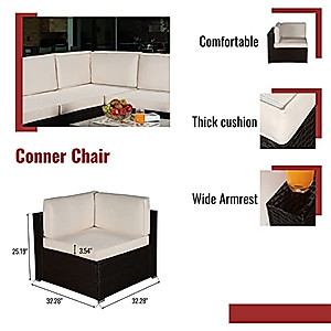 7 Pieces Outdoor Sectional Sofa Set, Brown PE Rattan Wicker Sectional Beige Cushioned Sofa Sets with 2 Red Pillows Patio Conversation Set with Glass Table for Lawn, Backyard, and Poolside