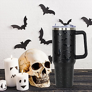 qynspngs 40 oz Halloween Tumbler with Lid and Straw - 5D Bat Print Tumblers with Handle Halloween Stainless Steel Insulated Travel Cup Black Coffee Cups Gifts for Women Men Adults