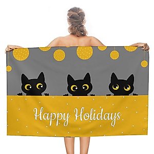 Three Black Cute Cat Microfiber Absorbent Lightweight Beach Towels Fast Dry Oversized Sand Free Beach Blanket 31x51in for Swimming Camping Travel Gym and Yoga