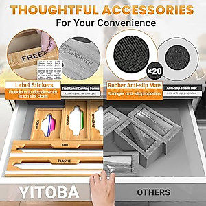 YITOBA 6 In 1 Bag Storage Organizer with Foil and Plastic Wrap Organizer, Extended Aluminum Foil Dispenser, Bamboo Baggie Organizer for Drawer, Sandwich Bag Organizer for Gallon, Quart, Snack