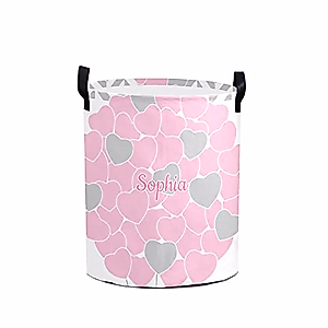 Large Storage Pink Love Heart Personalized Tall Collapsible Laundry Basket with Name Foldable Hamper for Dirty Cloth Toys