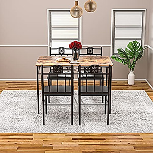 VECELO Kitchen Dinning Table for 4,Wooden Table and Cushion Chairs, 5-Piece Dinette Sets, Space Saving, Retro-Brown