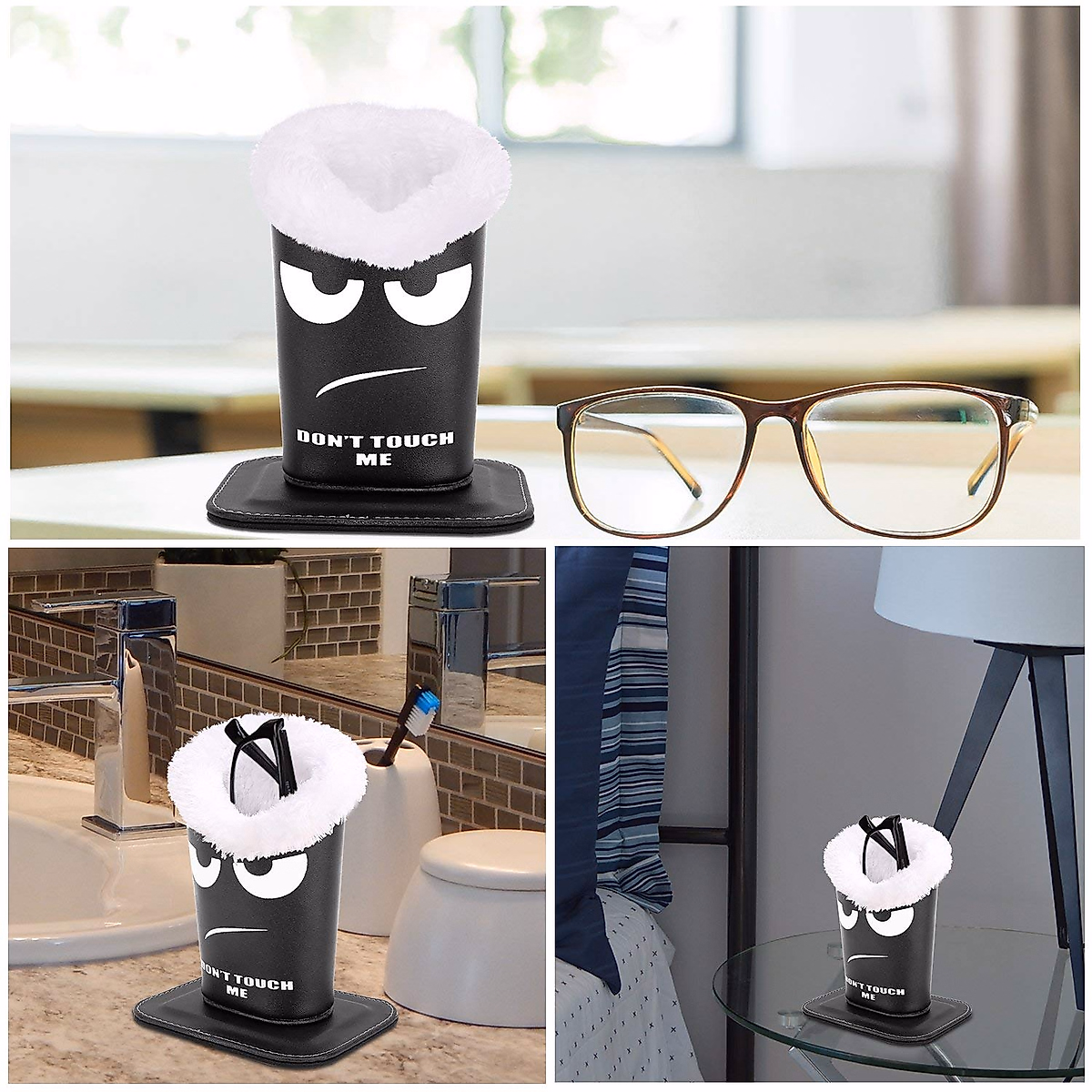 MoKo Eyeglasses Holder, Modern Velvet Plush Lined PU Leather Household Magnetic Holder Protective [Anti-scratch] [Dustproof] Stand Case for Eyeglass and Sunglasses, Don''t Touch Me Black
