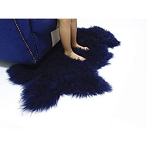 Deluxe Home Decorative Curly Fur Soft Plush 100% Real Genuine Mongolian (Tibetan) Lamb Wool Rug Carpet (Blue)