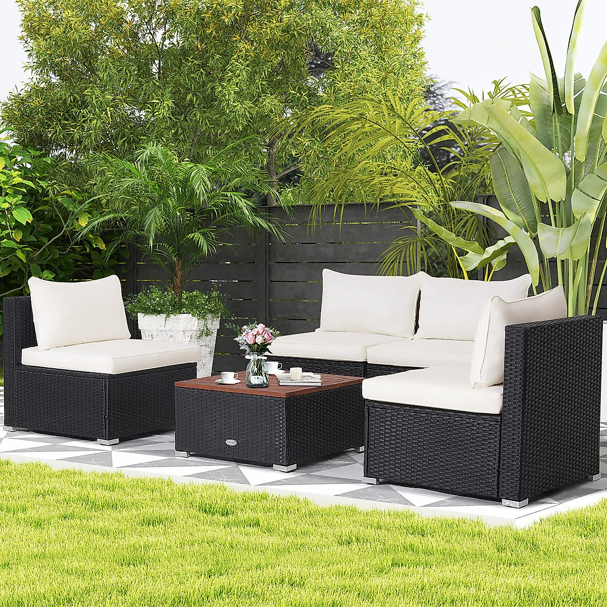 Tangkula 5 Piece Outdoor Patio Furniture Set, Patiojoy PE Wicker Conversation Set with Solid Acacia Wood Tabletop and Soft Cushions, Patio Sectional Sofa Furniture Set for Garden, Poolside (Off White)