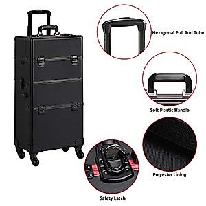 Yaheetech Makeup Train Case 3 in 1 Professional Cosmetic Trolley Multi-Functional Organizers Large Storage Traveling Cart Trunk for Nail Tech - Black
