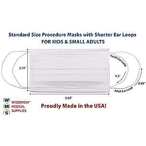 WMS Small Ear Loop 4-Layer Youth Face Masks, Wisconsin Medical Supplies, MADE IN USA, 1 Pack (50 Masks)
