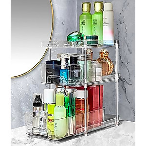 Hsuner 2 Set 3 Tier Clear Under the Sink Organizer Bathroom with Dual Pull-Out Drawers 12 Dividers, Multi-Purpose Storage for Kitchen Pantry, Vanity Skincare and Snacks, Medicine Cabinet Organizer