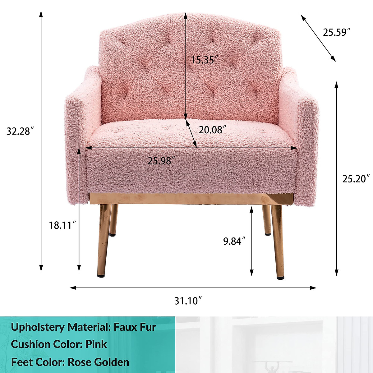 JOYBASE Mid Century Modern Accent Chair, Wood and Steel Armchair, Comfy Reading Chair, Arm Chair for Living Room, Bedroom (Pink, Faux Fur)
