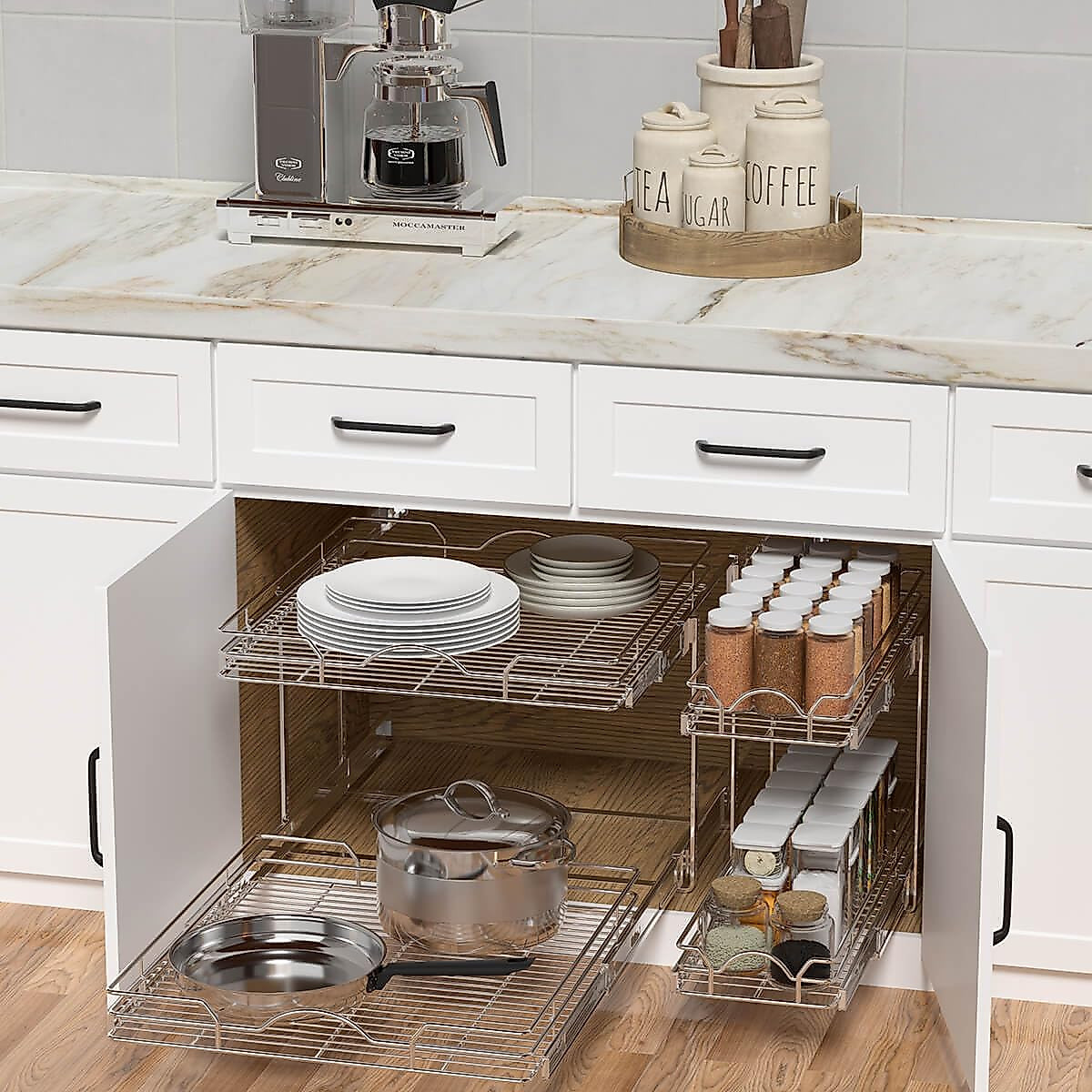 OCG 2 Tier Pull Out Cabinet Organizer (12.5" W x 21" D), Pull Out Drawers for Kitchen Cabinets, Pull Out Shelves for Base Cabinet Organization in Kitchen Bathroom Pantry, Chrome Finish