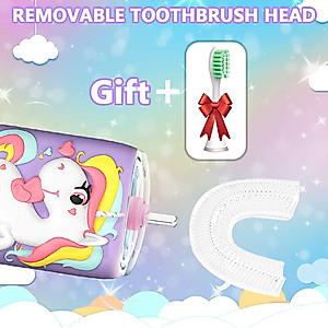 Kids Electric Toothbrush, Unicorn Sonic U Shaped Rechargeable Automatic Toothbrushes IPX7 Waterproof 6 Modes Smart Timer 360° Oral Cleaning with Replacement Brush Heads for Child Age 2-6 (1. Purple)