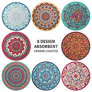 CHEFBEE Set of 8 Coaster for Drinks Absorbent Mandala Ceramic Coasters with Cork Base, Metal Holder, Stone Coasters Set Perfect for Wooden Table, Housewarming, Home and Dining Room Decor