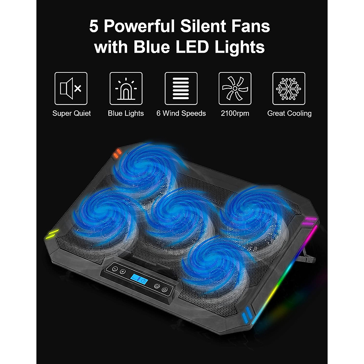 Laptop Cooling Pad with 5 Cooling Fans, Laptop Fan Cooling Pad for 14-17 Inch, Gaming Laptop Cooler Stand with 6 Height Adjustable, Notebook Cooler Pad with Two USB Port [2022 Version]