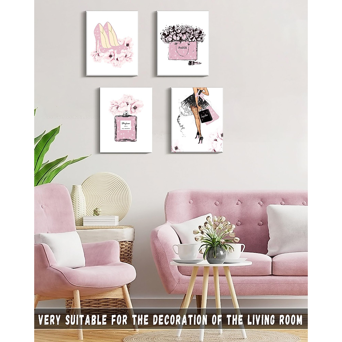 Drsoum Glam Pink Fashion Wall Decor,Woman Makeup Framed Wall Art,Hot Pink Girly Room Decor,Perfume Handbags High Heels Lipstick Wall Paintings Set of 4, 8x10 in (Framed)