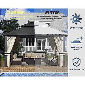 ALAULM 12' x 14' Hardtop Gazebo, Outdoor Patio Aluminum Gazebo with Aluminum Double Roof, Permanent Pavilion w/Curtains and Netting for Backyard, Patio, Deck, Garden-Cream