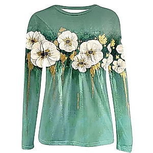 Lightning Deals Womens Business Casual Tops Crewneck Long Sleeve Cute Flower Print Vintage t Shirts Ruched Going Out Casual Tees Green M