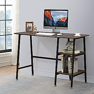 VECELO Computer Writing Wooden Study Table with 2 Tier Storage Shelves on Left or Right for Laptops, Modern Simple Workstation with Metal Frame for Home Office, Ladder Desk, Coffee+Black Leg