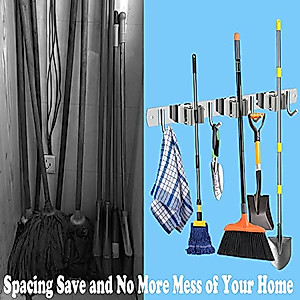 2 Pack Broom Holder Wall Mount, Stainless Steel Tool Organizer, Mop Broom Storage, Utility Racks with Self Adhesive and Screw for Home, Garden, Garage, Laundry Room (3 Racks 4 Hooks)