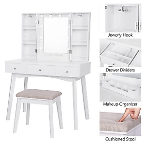 BEWISHOME Vanity Desk with Lighted Mirror, Makeup Vanity with Lights, White Vanity Set with 10 LED Bulbs & Adjustable Brightness, Dressing Table with Makeup Cabinet 3 Drawers for Women FST14W