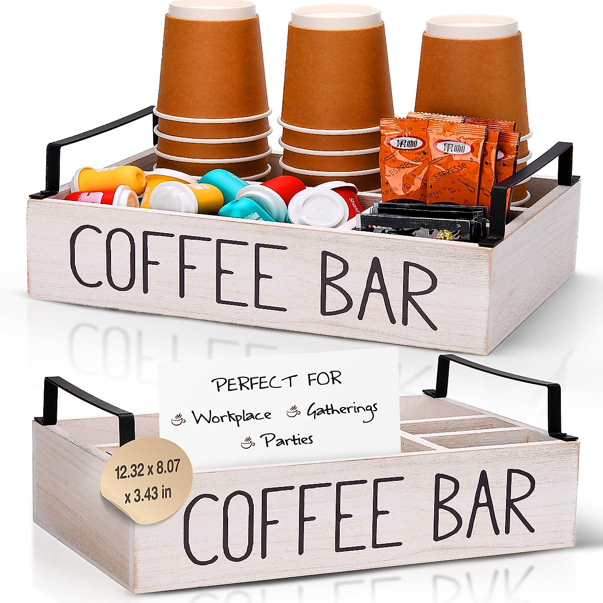 Coffee Station Organizer – Wooden Coffee bar Organizer for Kitchen Counter – Large Storage of 4 Compartments with Handles Perfect for Workplace, Meetings, Gatherings and Parties