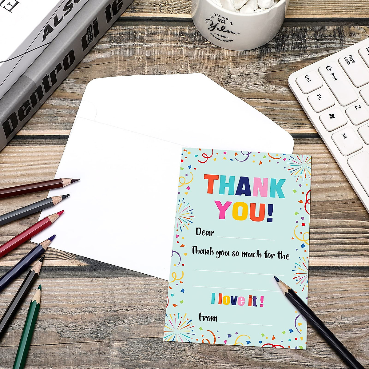 72 Pieces Kids Thank You Cards Fill in the Blank Thank You Notes with Envelopes Colorful Thanks Cards for Birthday Party(Confetti Style)