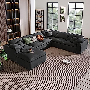 U Shaped Modular Sectional Sofa with Ottoman, 27.9'' Deep Seat Reversible Corner Couch with Detachable Cushion,Convertible Sofa&Couch Bed for Living Room, Office, Spacious Space