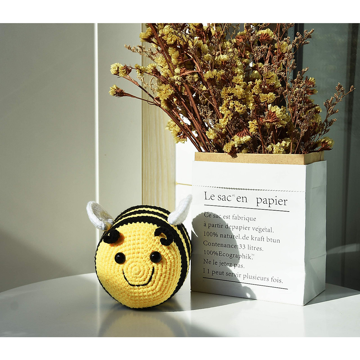 BABOLI Handmade Emotional Support Bee Stuffed Animal Crochet Fuzzy Bumblebee with Smile Face and White Wings Knit Soft Yarn Plush Bee Toy Pretty Sweet Gifts for Kids or Stuff Collection 6 Inch