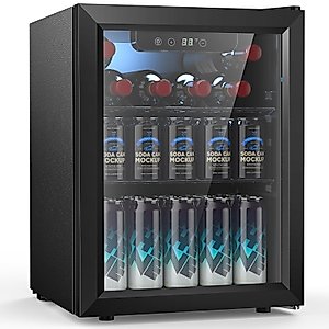 Joy Pebble Beverage Refrigerator and Cooler,1.7 Cu.ft,68 Can Mini Fridge Clear Glass Door for Wine Soda Beer,16 Bottle Wine Cooler with Touch Screen Adjustable Shelves for Home Bar Office,Black