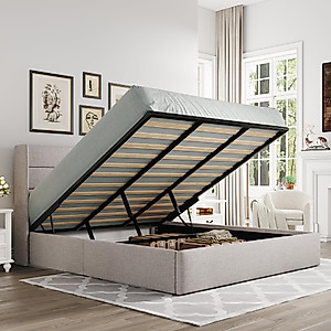 Allewie King Size Lift Up Storage Bed, Modern Wingback Headboard, No Box Spring Needed, Hydraulic Storage, Light Beige