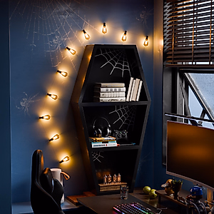 Beskadi Goth Coffin bookshelf 24 inches with Spider Web, Wooden Tall Coffin Shelf Stand Gothic Decor, Crystal Shelf for Display, Black Spooky Curio Shelf for Home Decor, Witchy Room Decor for Oddities