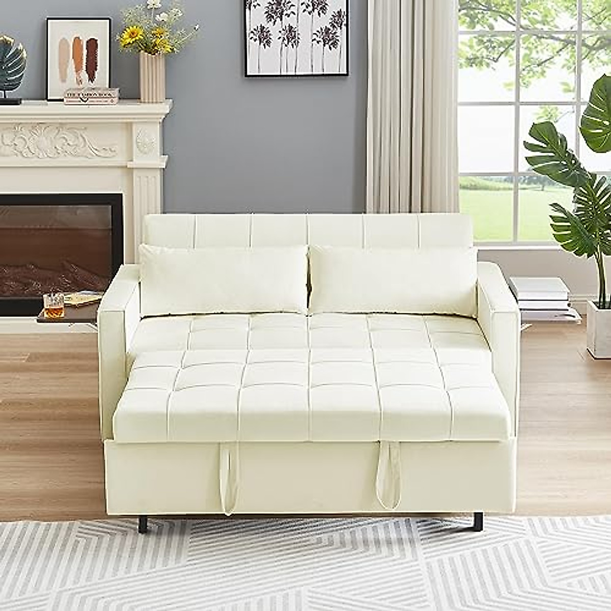 3 in 1 Convertible Sofa Bed Pull Out Couch Sleeper Modern Velvet Loveseat Couch Futon Sofá Bed w/Reclining Backrest,Side Coffee Table,2 Pillows,Lounge Sofa for Living Room Apartment Home Office,White