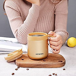 12oz/18oz Insulated Coffee Mug with Handle and Lid, Double Wall Vacuum Stainless Steel Coffee Travel Mug, Tumbler Cup，Reusable and Durable Travel Coffee Cup Thermal Cup, Gold 12oz