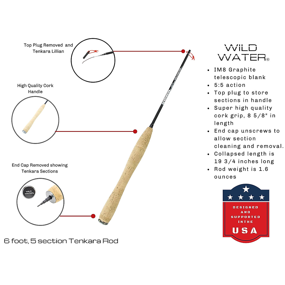 Wild Water Fly Fishing Tenkara Rod, 6 Foot, 5 Section IM8 Graphite Telescopic Rod with Cork Handle, Hard Tube Rod Case and Knitted Rod Sock