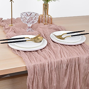 Joanlody Dusty Rose Easter Cheesecloth Table Runner 10Ft Rustic Gauze Boho Spring Summer Cheese Cloth Table Runner for Wedding Bridal Baby Shower Decoration