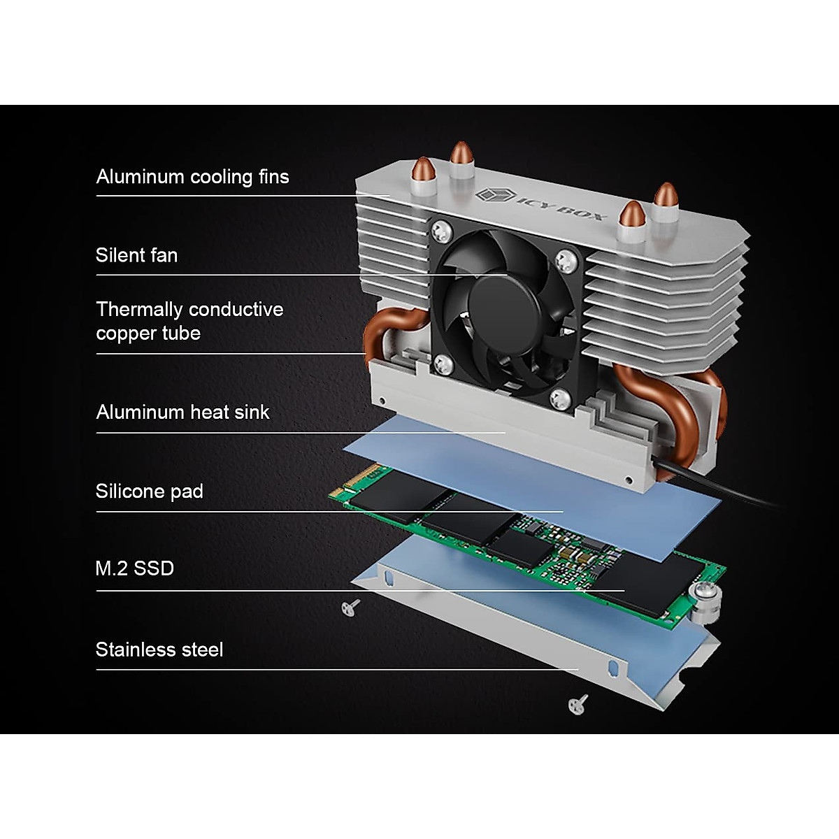ICY BOX Aluminum Alloy Heatsink with Fan for The Most Heat Dissipation with Silicone Thermal Pad Designed Specially for M.2 SSD 2280 DIY Desktop PC SSD Black