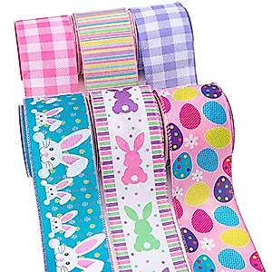 Ribbli Easter Ribbon Wired-Easter Bunny/Eggs/Colorful Stripe/Pink and Purple Check Burlap Ribbon 2-1/2 Inch Total 90 Feets(30 Yards) 6 Rolls Spring Ribbon for Crafts Wreaths Wrapping Outdoor Decor