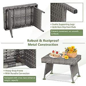 Tangkula Outdoor Folding Rattan Side Table, Rectangular Wicker End Table for Outdoor Furniture, Wicker Coffee Table for Patio Poolside Lawn Garden Patio, Mix Grey