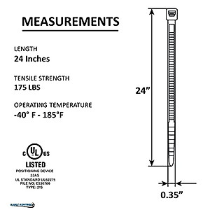 Kable Kontrol Heavy Duty Cable Zip Ties 100 Pcs 24 Inch Black, 175 Lbs Tensile Strength, Self-locking UV Resistant Plastic Nylon Wire Ties, for Indoor or Outdoor Use