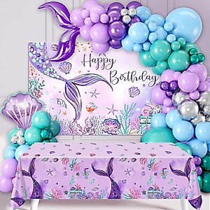 DataMoon Mermaid Birthday Party Decorations - 105pcs Mermaid Birthday Balloons Garland Arch Decorations Including Mermaid Backdrop, Mermaid Tablecloth for Birthday Party,Baby Shower, Gender Reveal.