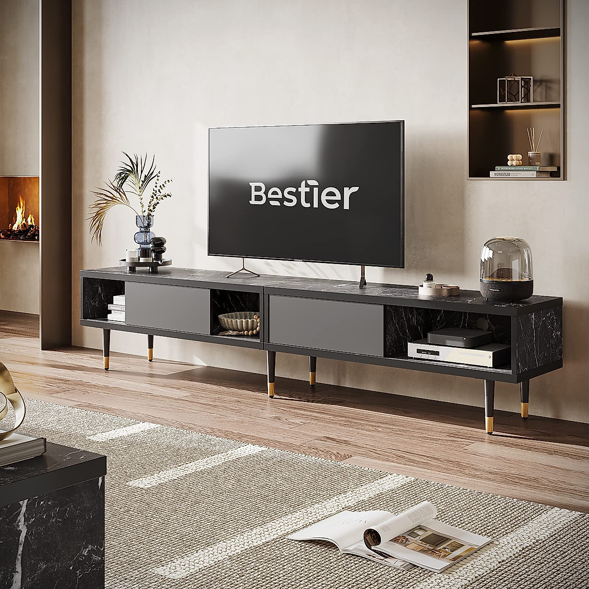 Bestier Mid Century Modern TV Stand for 85 inch tv, Entertainment Center with Storage and Sliding Doors, 2 in 1 Long TV Cabinet for Living Room, Black Marble