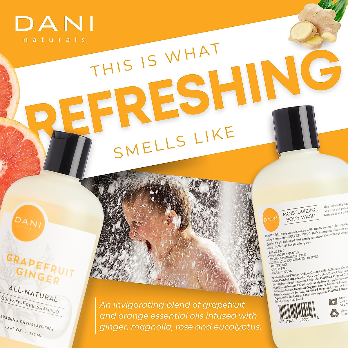 DANI Natural Moisturizing Shampoo Naturals - Invigorating Grapefruit Ginger Scent - Organic Aloe Vera & Coconut Cleansers - Sulfate, Phthalate & Paraben Free - For Men & Women - 12 Ounces