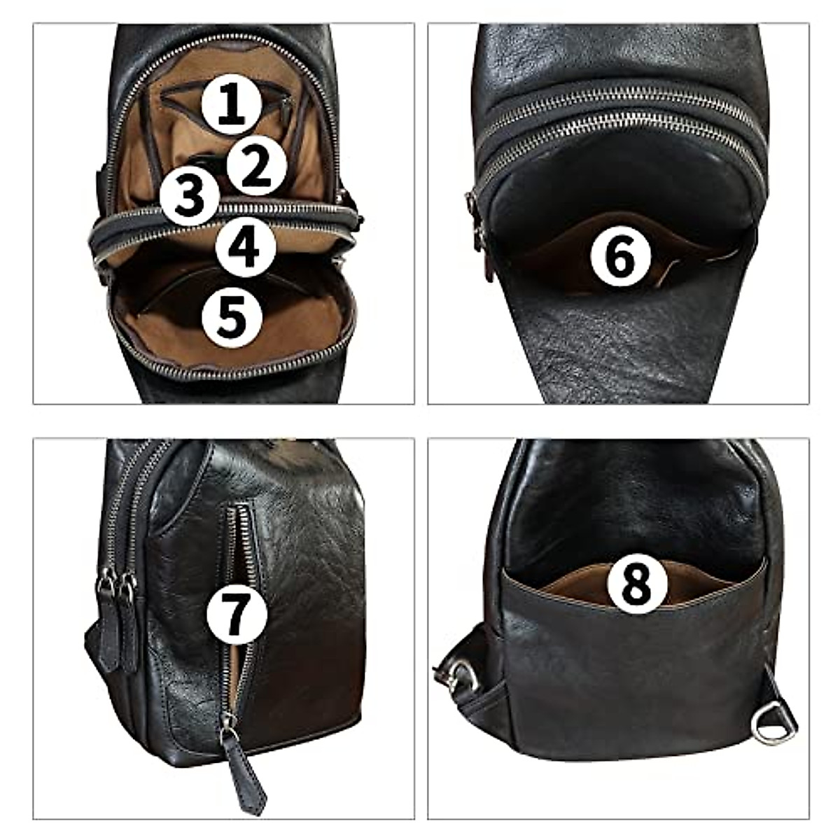 FEIGITOR Genuine Leather Sling Bag Retro Crossbody Sling Backpack Handmade Chest Shoulder Bag Daypack Purse Fanny Pack (Black)